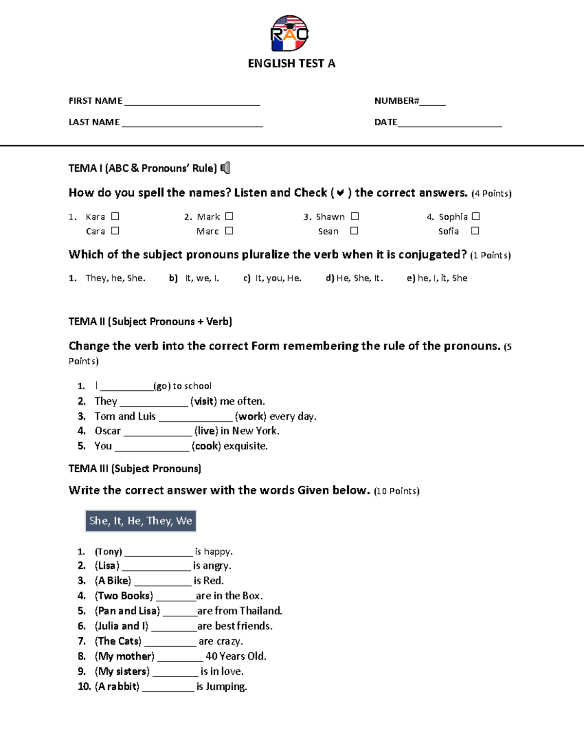 English TEST - ENGLISH TEST A FIRST NAME ...