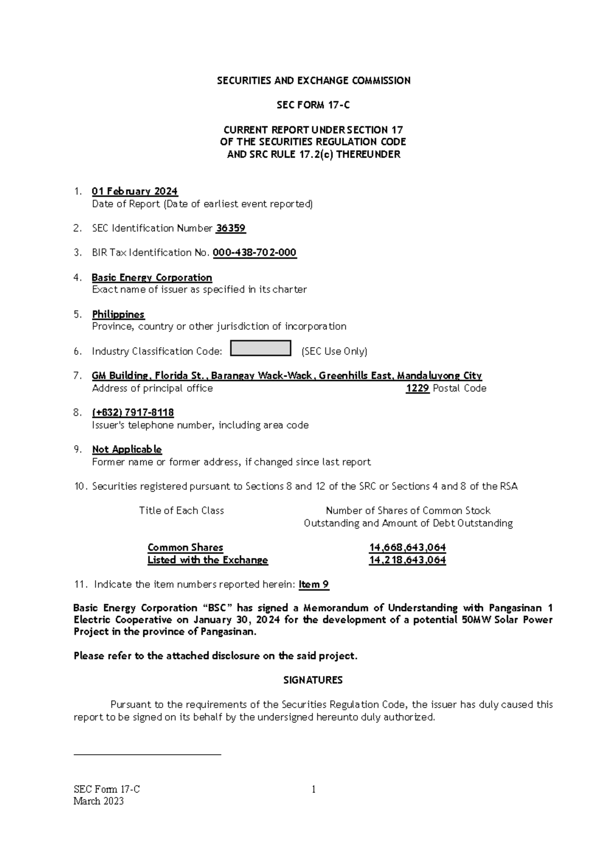 20240201 Basic Energy - 17-C (MOU with Panelco) - SEC Form 17-C March ...
