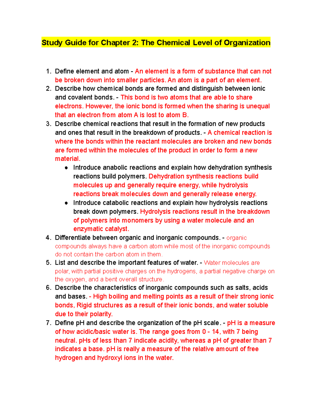 Chapter 2 Study Guide-2 - Study Guide for Chapter 2: The Chemical Level ...