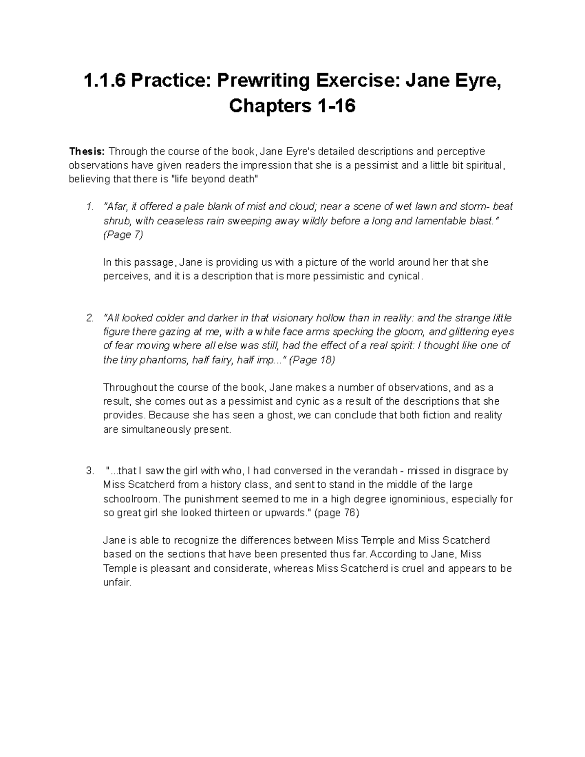 1.1.6 Practice Prewriting Exercise Jane Eyre, Chapters 1-16 - 1.1 ...