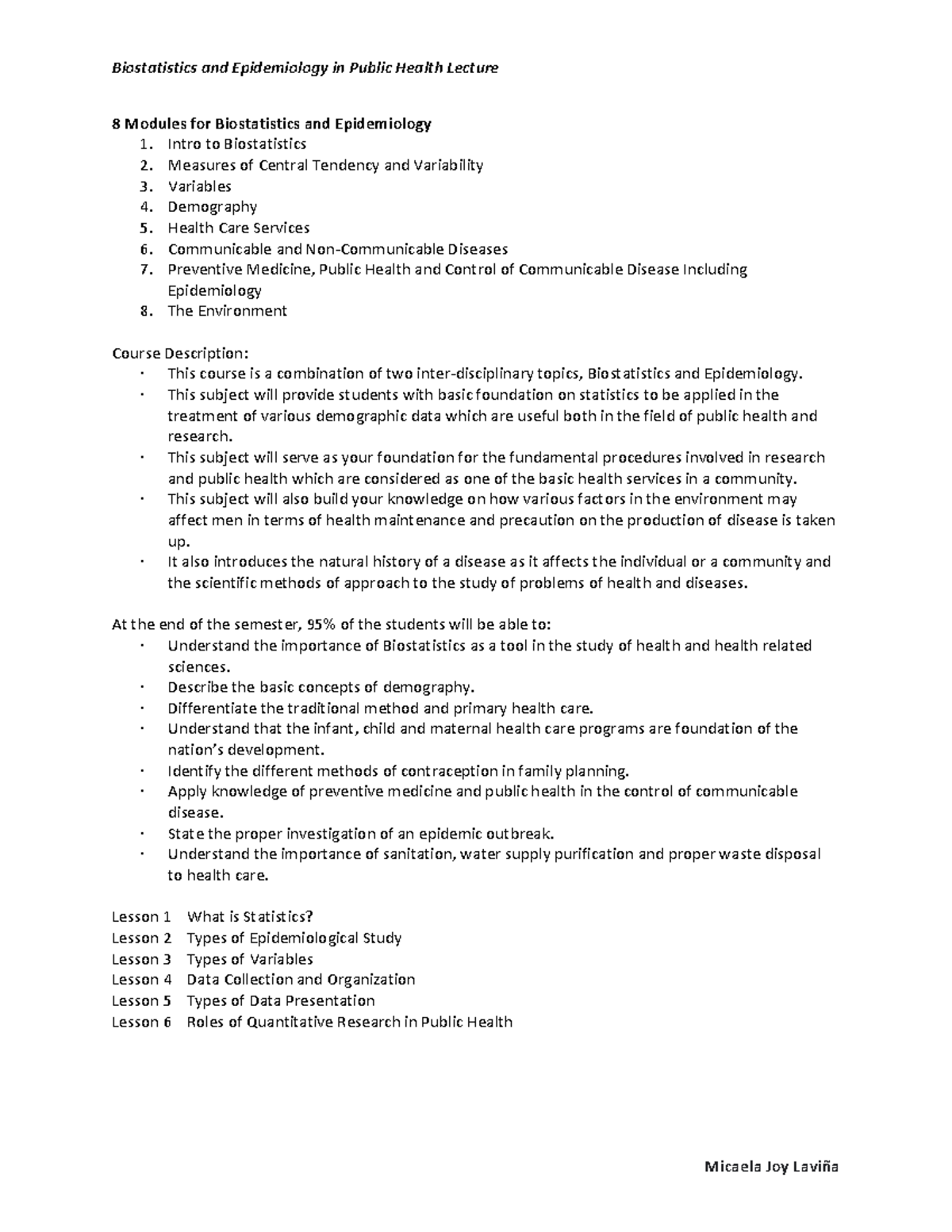 Biostatistics And Epidemiology In Public Health Lecture Module 1 Reviewer 8 Modules For