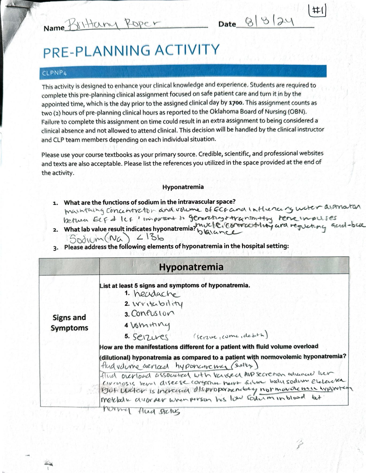 Pre plan #1 hyponatremia - Name Brittany Roper Date PRE PLANNING ...