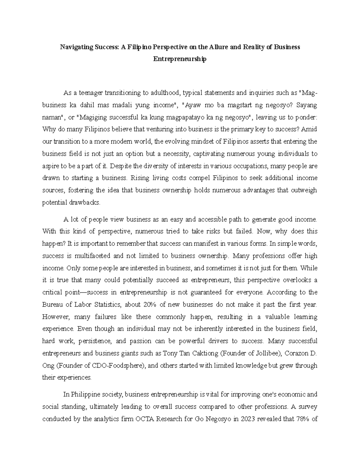Position- Paper - Navigating Success: A Filipino Perspective on the ...