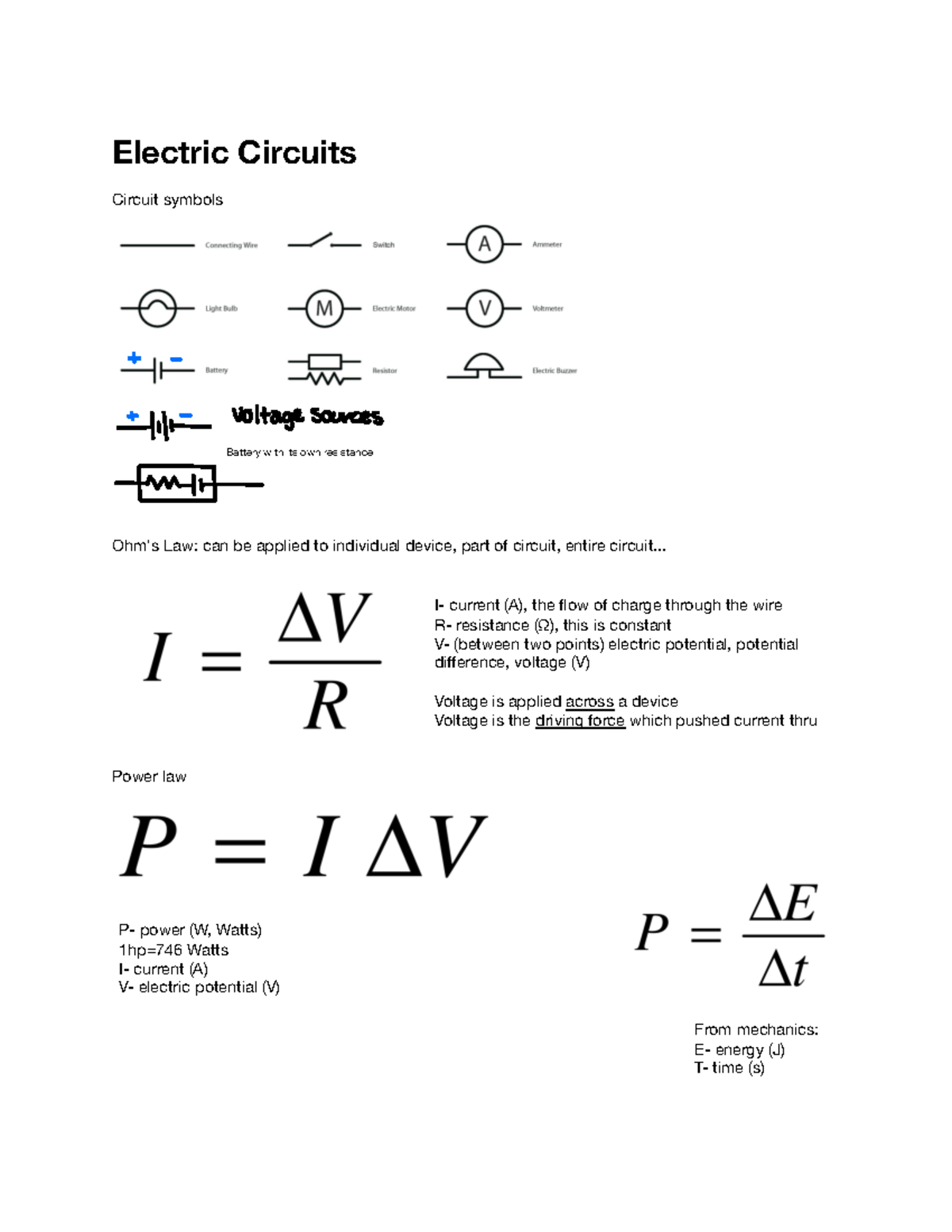Electric Circuits - Class notes from lecture from teacher Mr. Schmidt ...