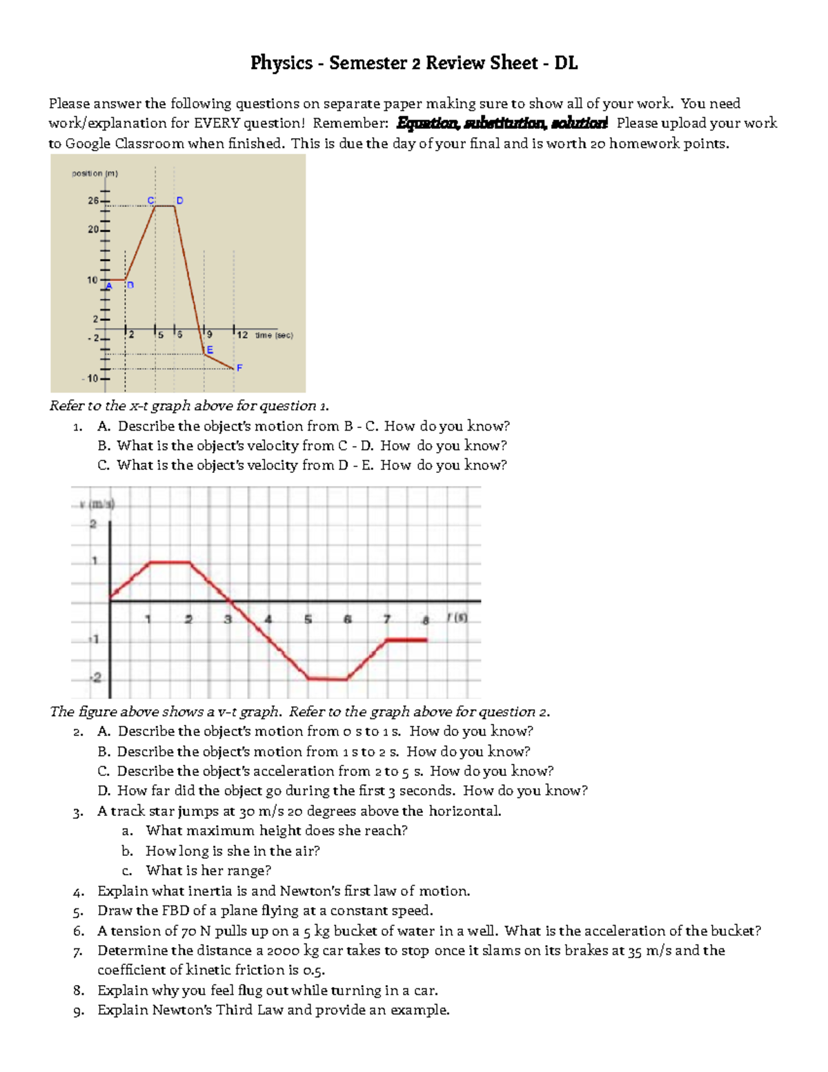 Physics - Semester 2 Review Sheet - DL - You need work/explanation for ...