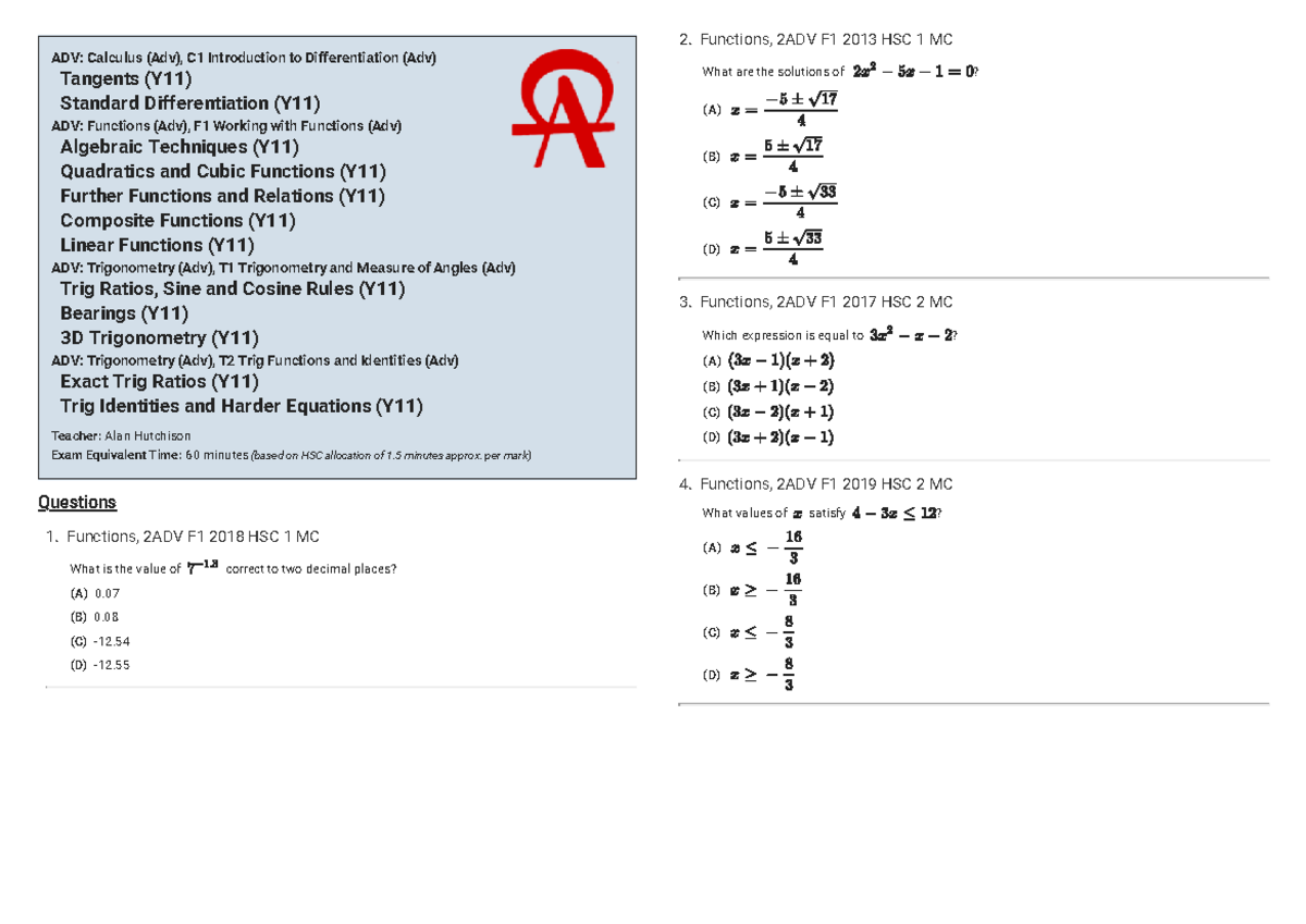 2022 Y11 CWHW T3W4 - Adv - Qand A - 1. Functions, 2ADV F1 2018 HSC 1 MC ...