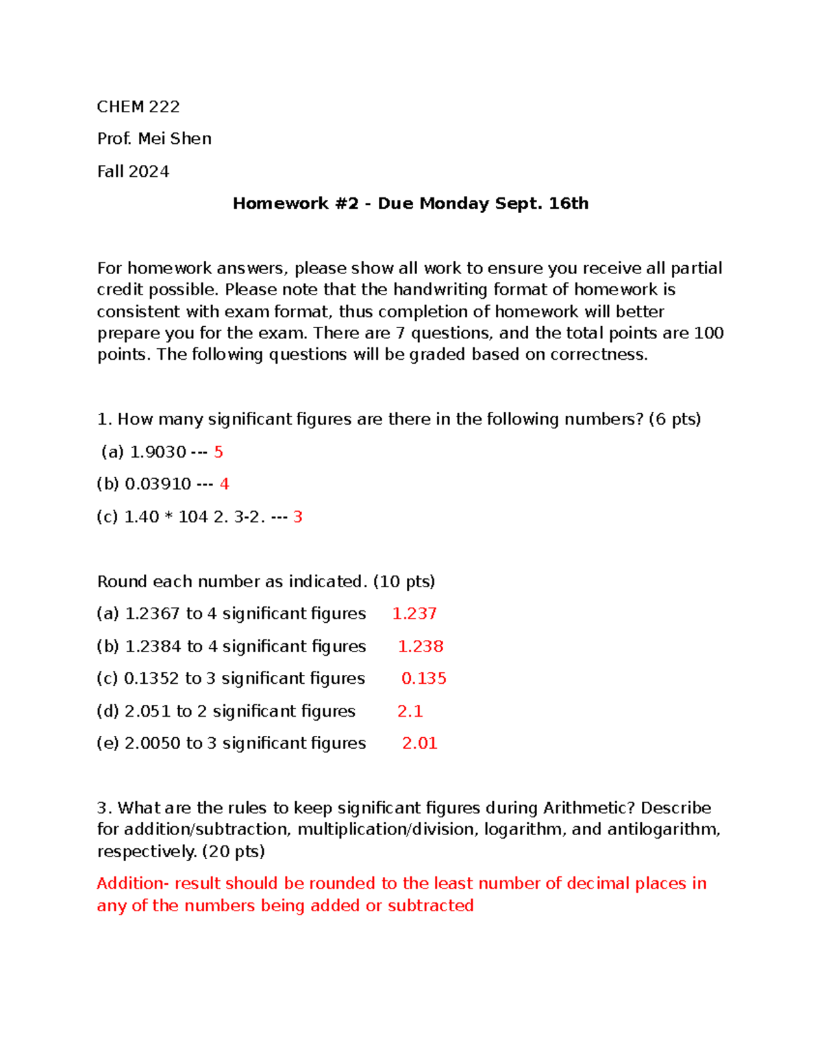 Homework 2 222 - CHEM 222 Prof. Mei Shen Fall 2024 Homework #2 - Due ...