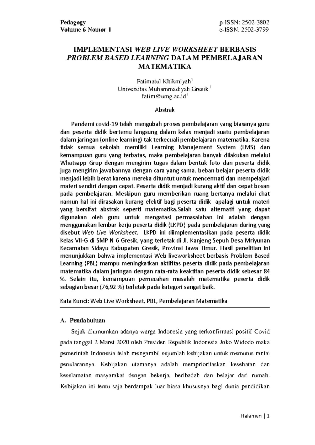 1193-Article Text-1981-1-10-20210609 - Pedagogy p-ISSN: 2502- Volume 6 Nomor 1 e-ISSN: 2502 ...