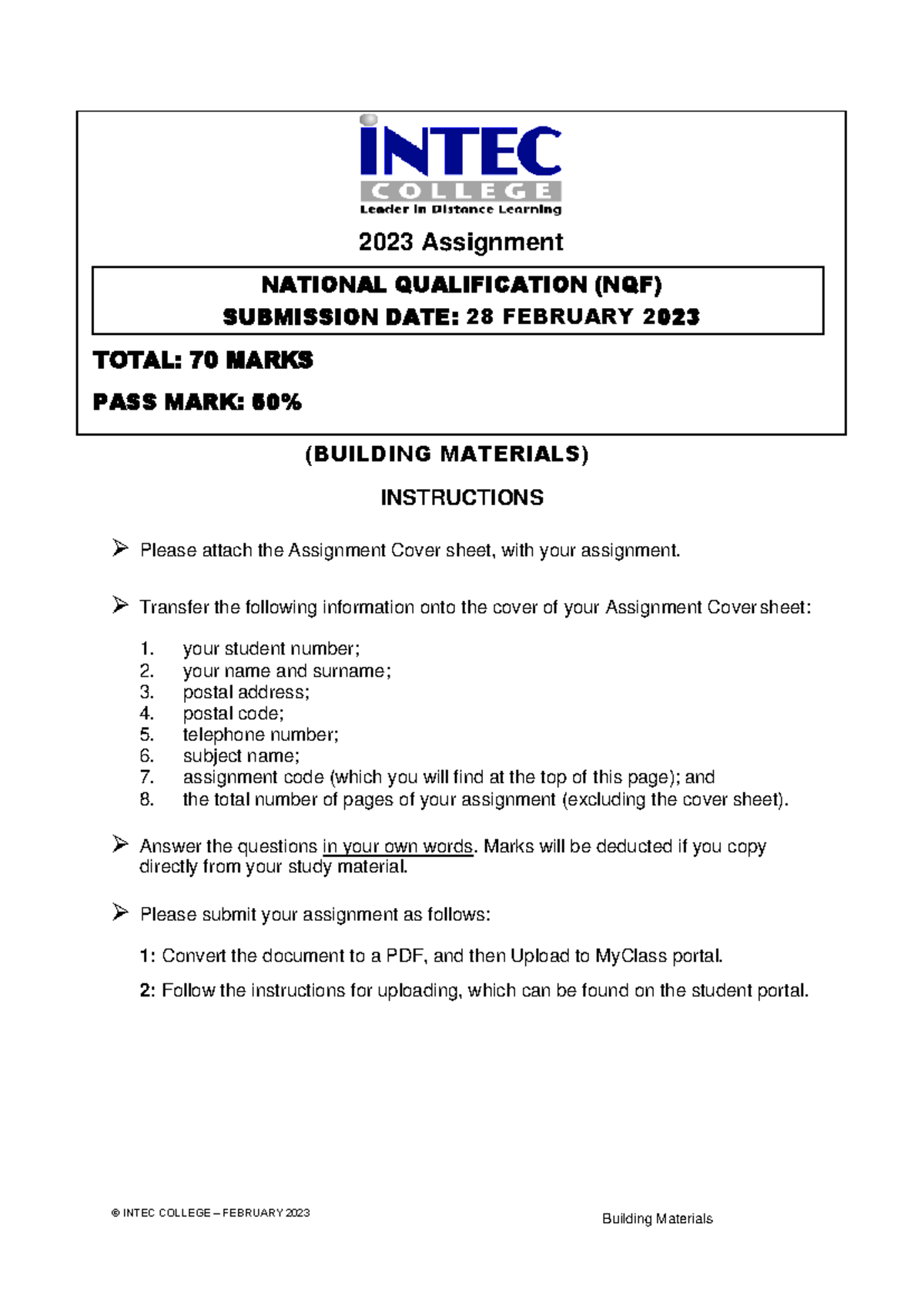 Building Materials Written Assignment - © INTEC COLLEGE – FEBRUARY 2023 ...