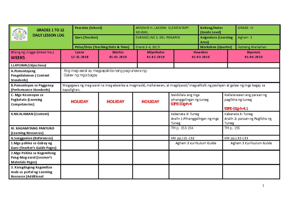 Agham LP Q3 JAN.3-4, 2019 - Paaralan (School) ARSENIO H. LACSON ...