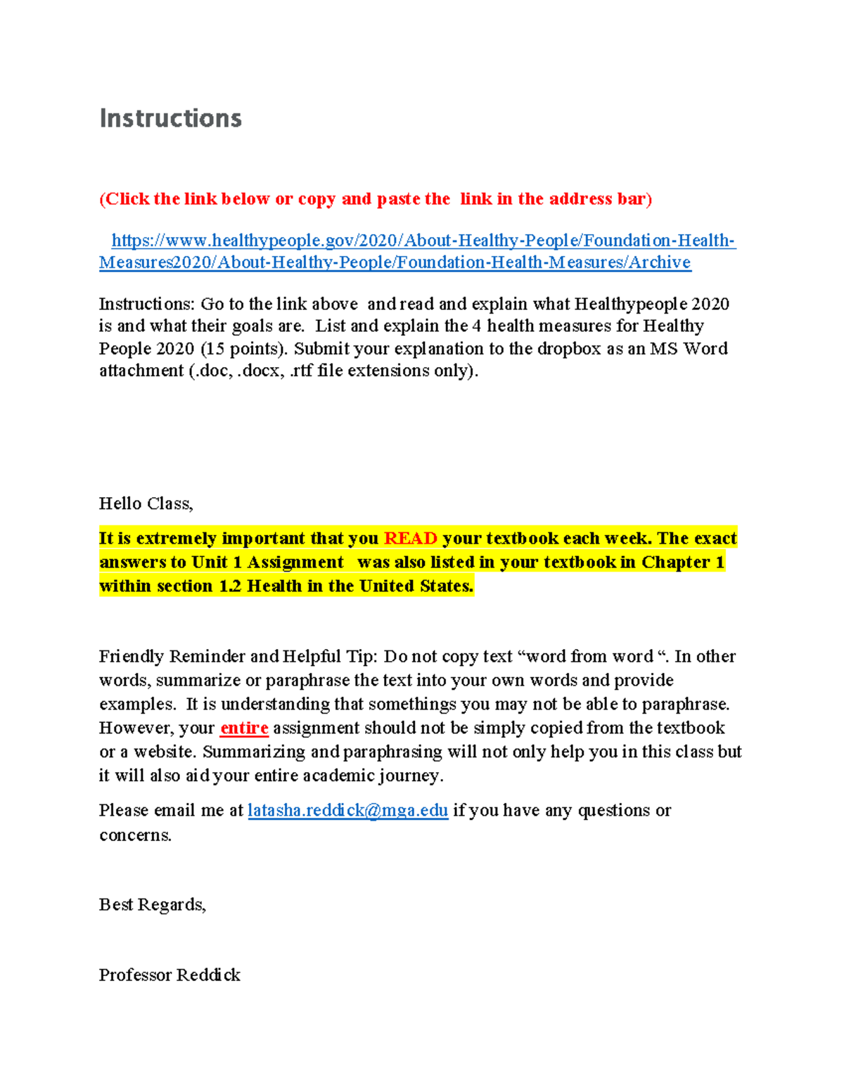 Unit 1 Assignment HLTH 1101 Fall 2020 - Instructions (Click the link below or copy and paste the ...