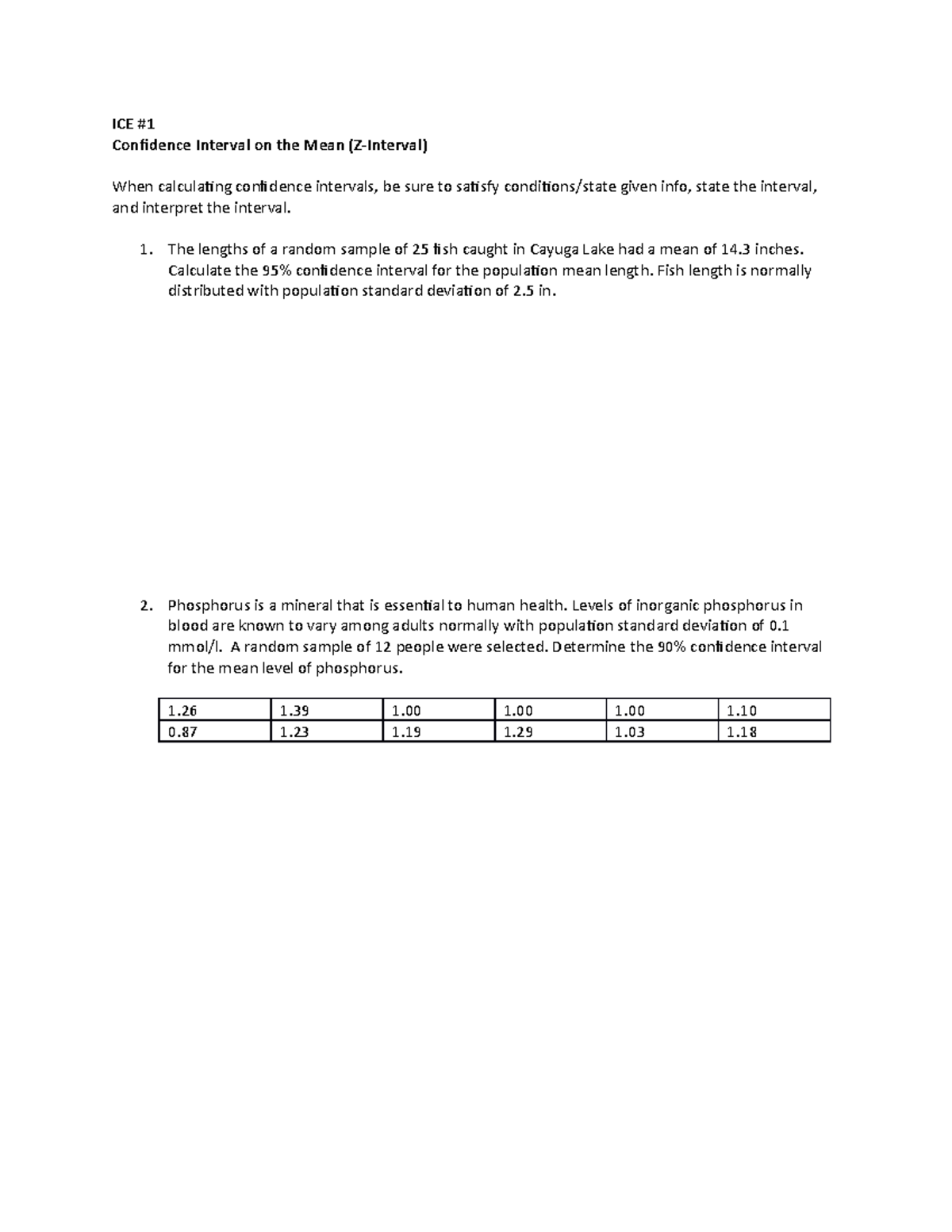 ICE 1 Zinterval - Warm up 2 soln - ICE Confidence Interval on the Mean ...