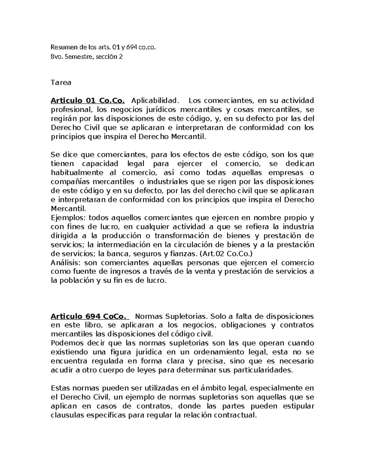 Resumen art. 01 y 694 coco - Resumen de los arts. 01 y 694 co. 8vo ...