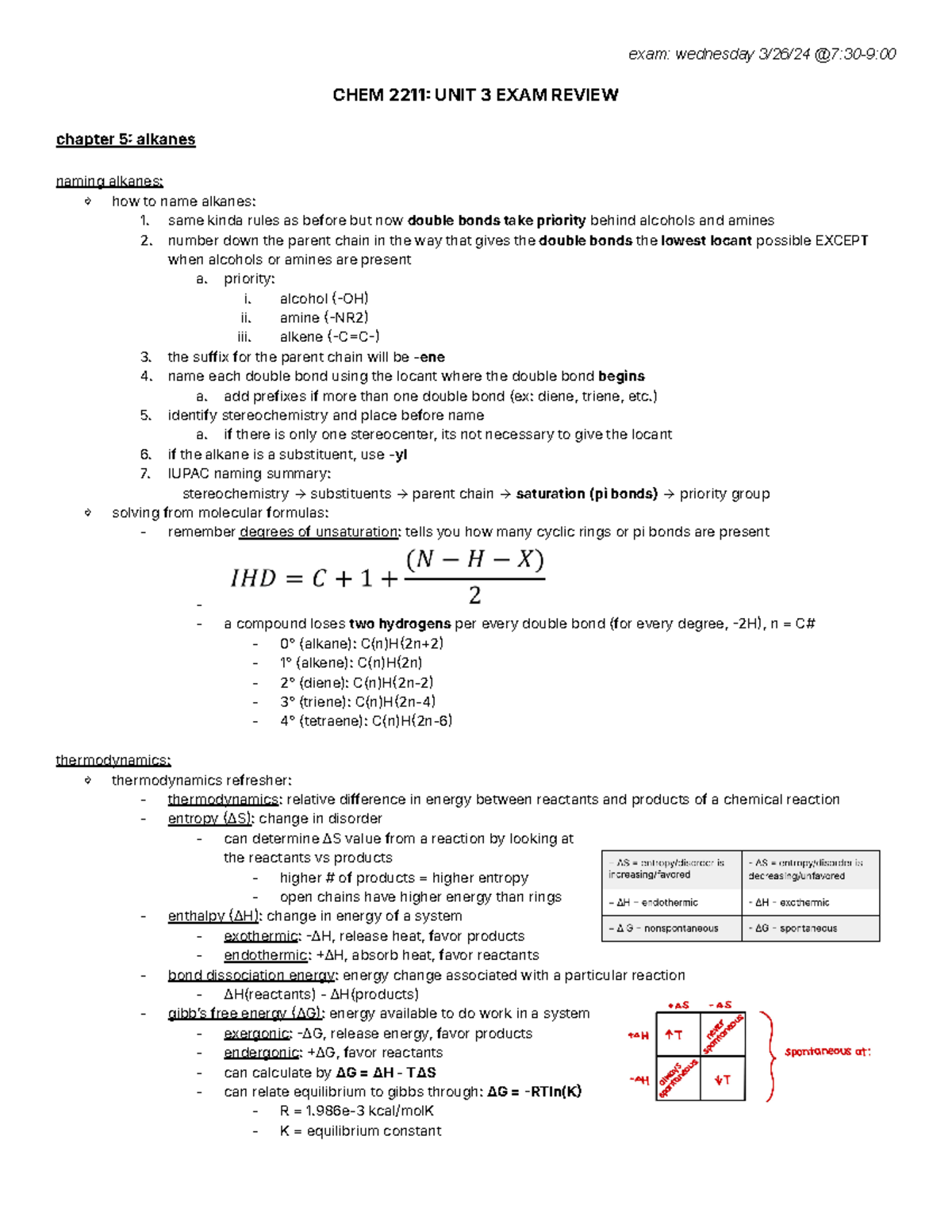 Chem 2211 unit 3 exam review - exam: wednesday 3/26/24 @7:30-9: CHEM ...