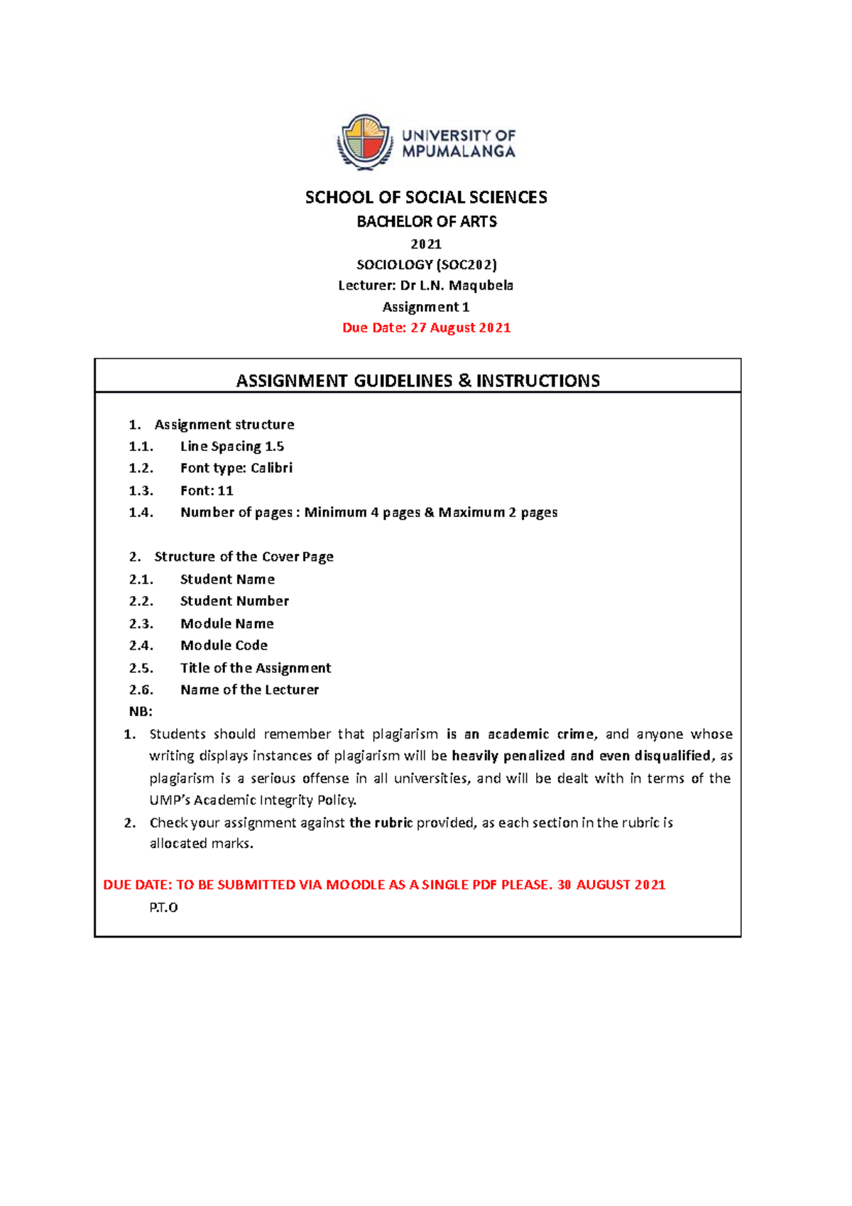 SOC202 Assignment Guidelines 2021 - SCHOOL OF SOCIAL SCIENCES BACHELOR ...