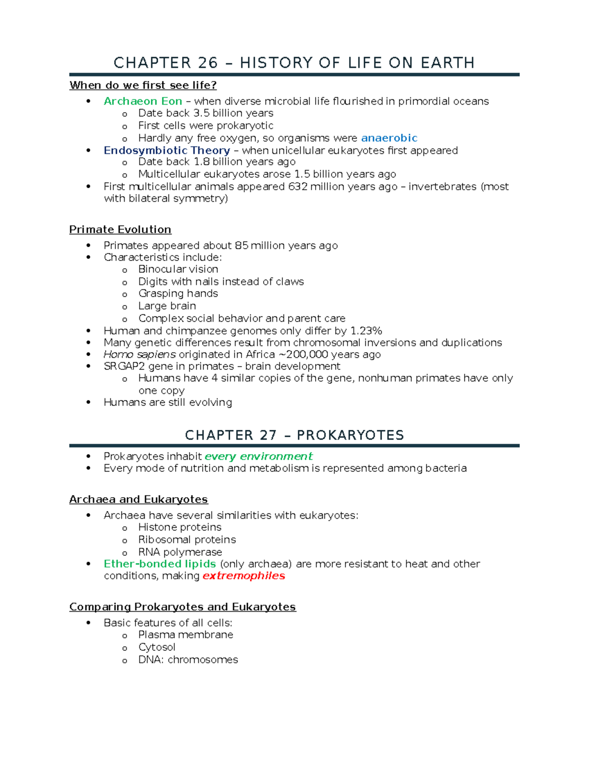 Unit 1 Notes - CHAPTER 26 – HISTORY OF LIFE ON EARTH When do we first ...