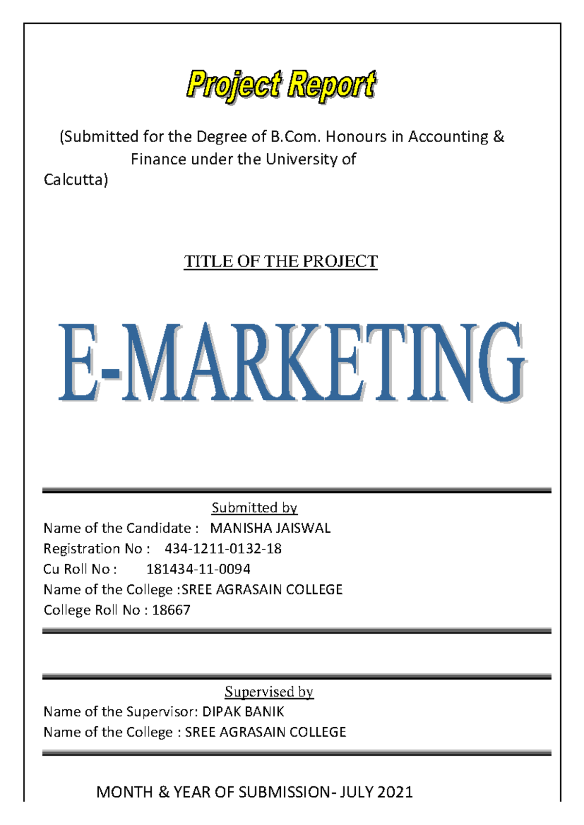 E marketing project @ - (Submitted for the Degree of B. Honours in ...