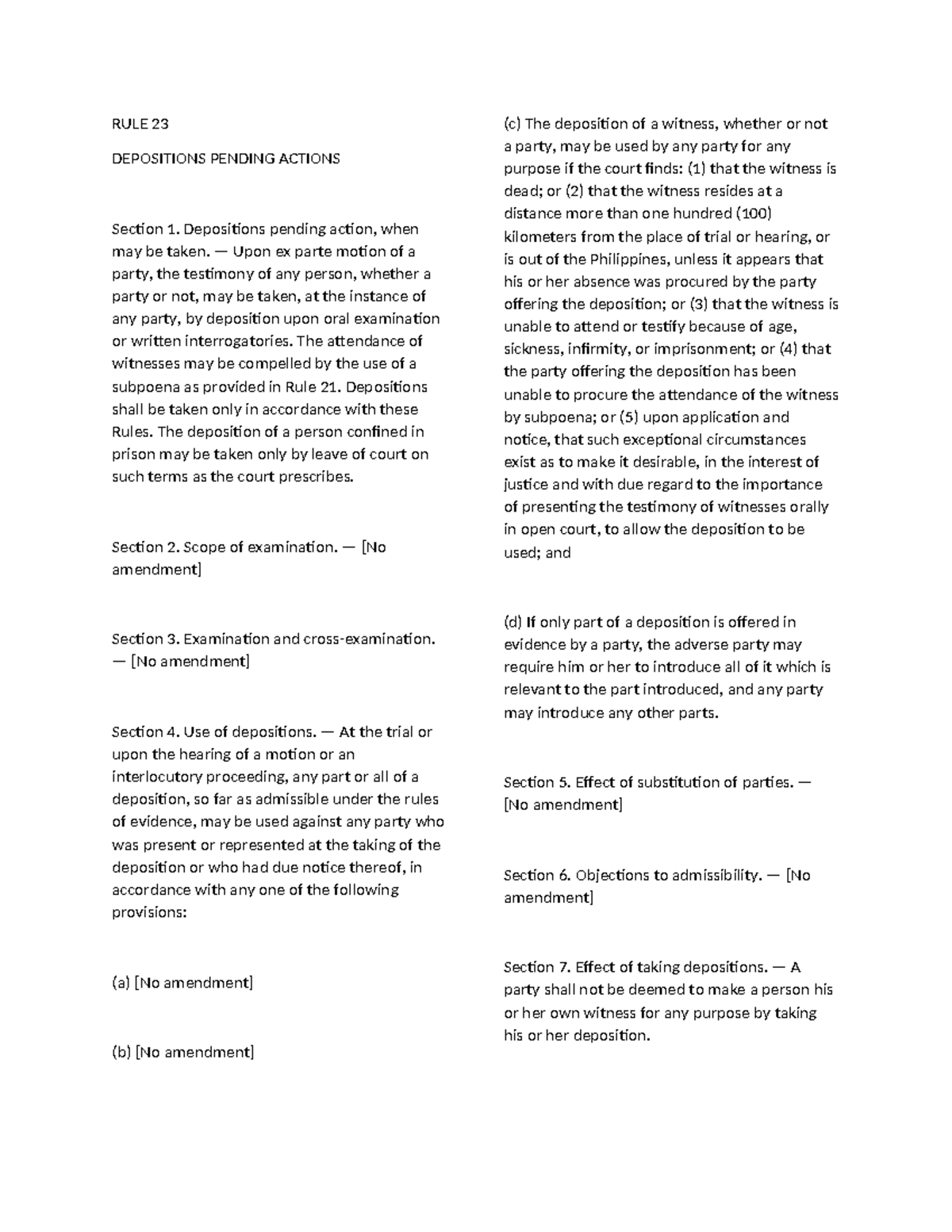 RULE 23 - RULE 23 DEPOSITIONS PENDING ACTIONS Section 1. Depositions ...