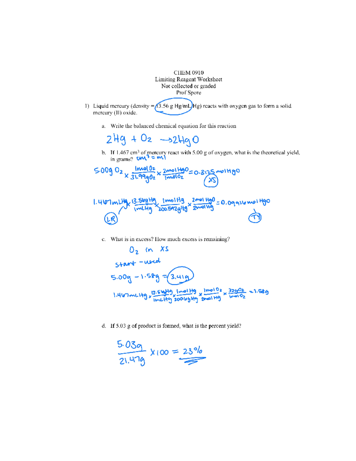 Limiting Reagent Worksheet - CHEM 0910 - Studocu