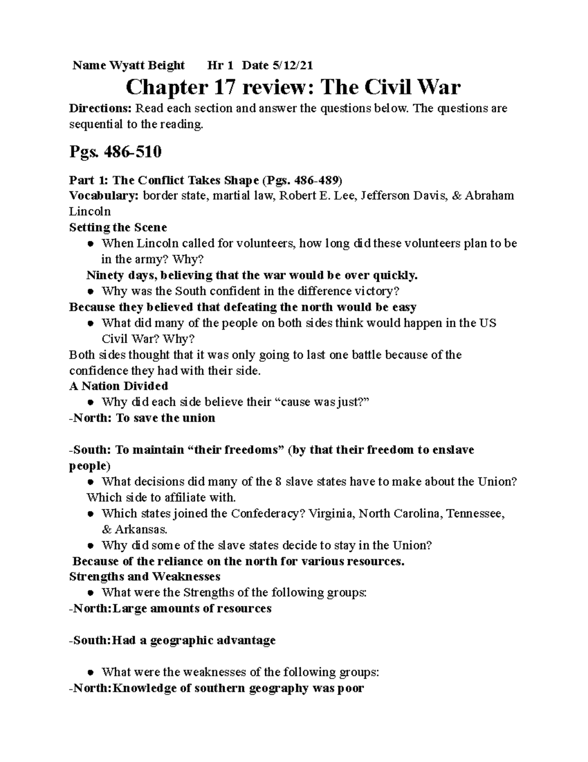 Civil War Review Notes - Name Wyatt Beight Hr 1 Date 5/12/ Chapter 17 ...