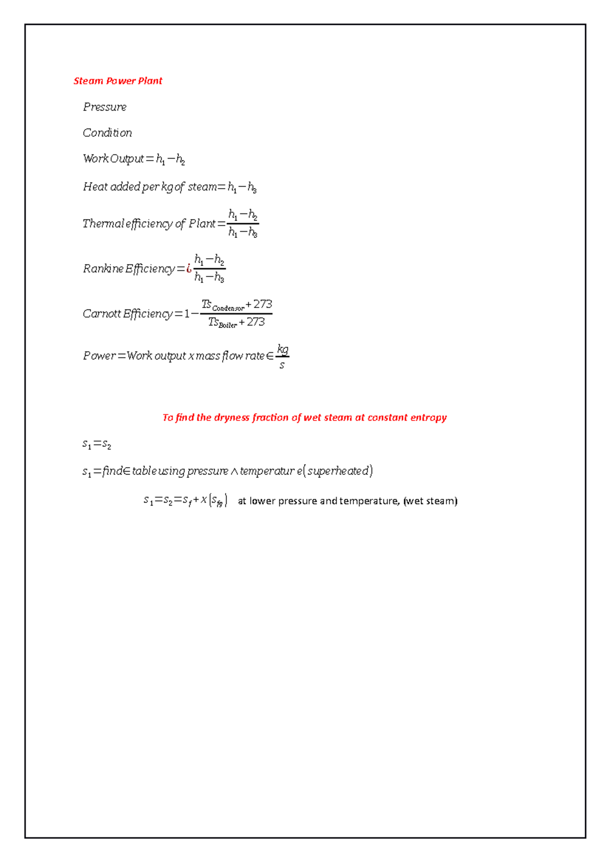 Steam Power Plant - Detailed Notes and formula from Maria Kavanagh ...