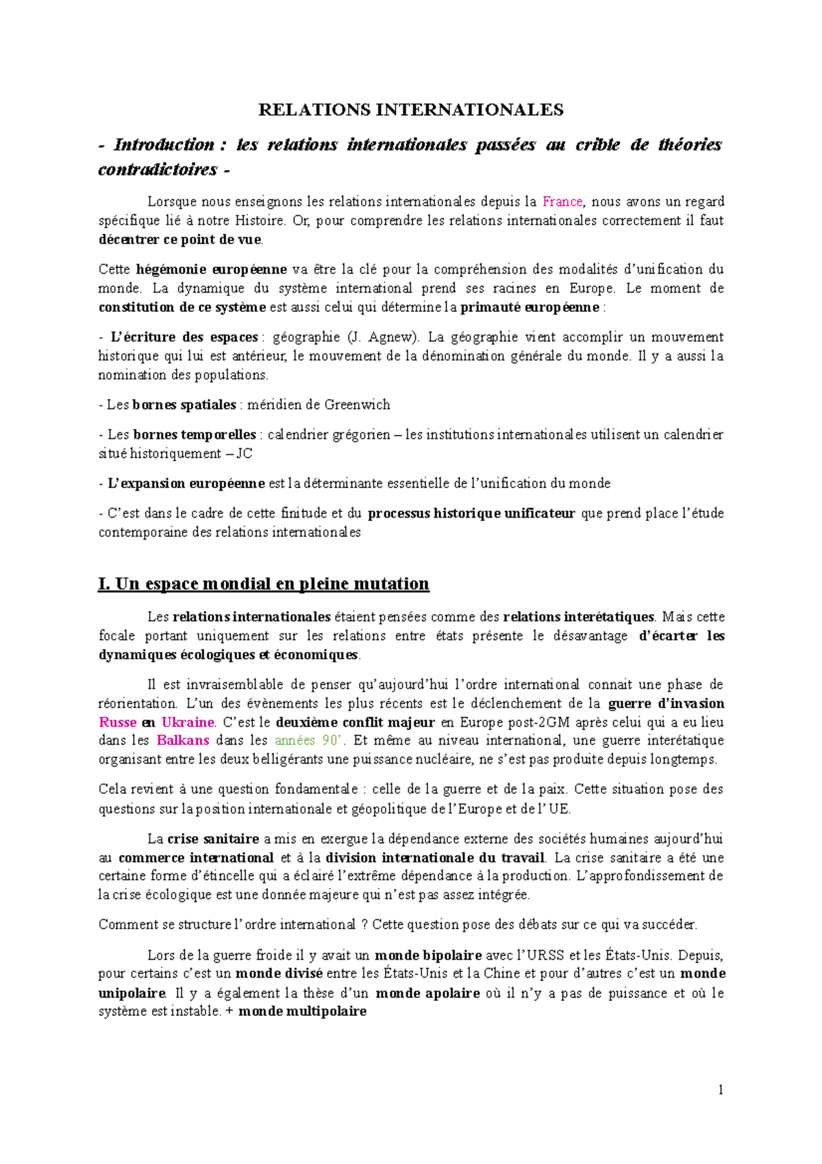 Cours Relations Internationales 2023 - RELATIONS INTERNATIONALES ...