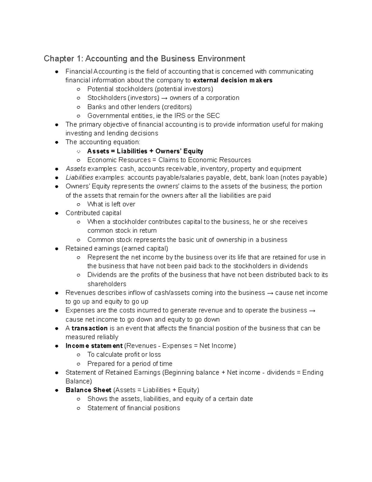 Accounting I Notes - Chapter 1: Accounting and the Business Environment ...