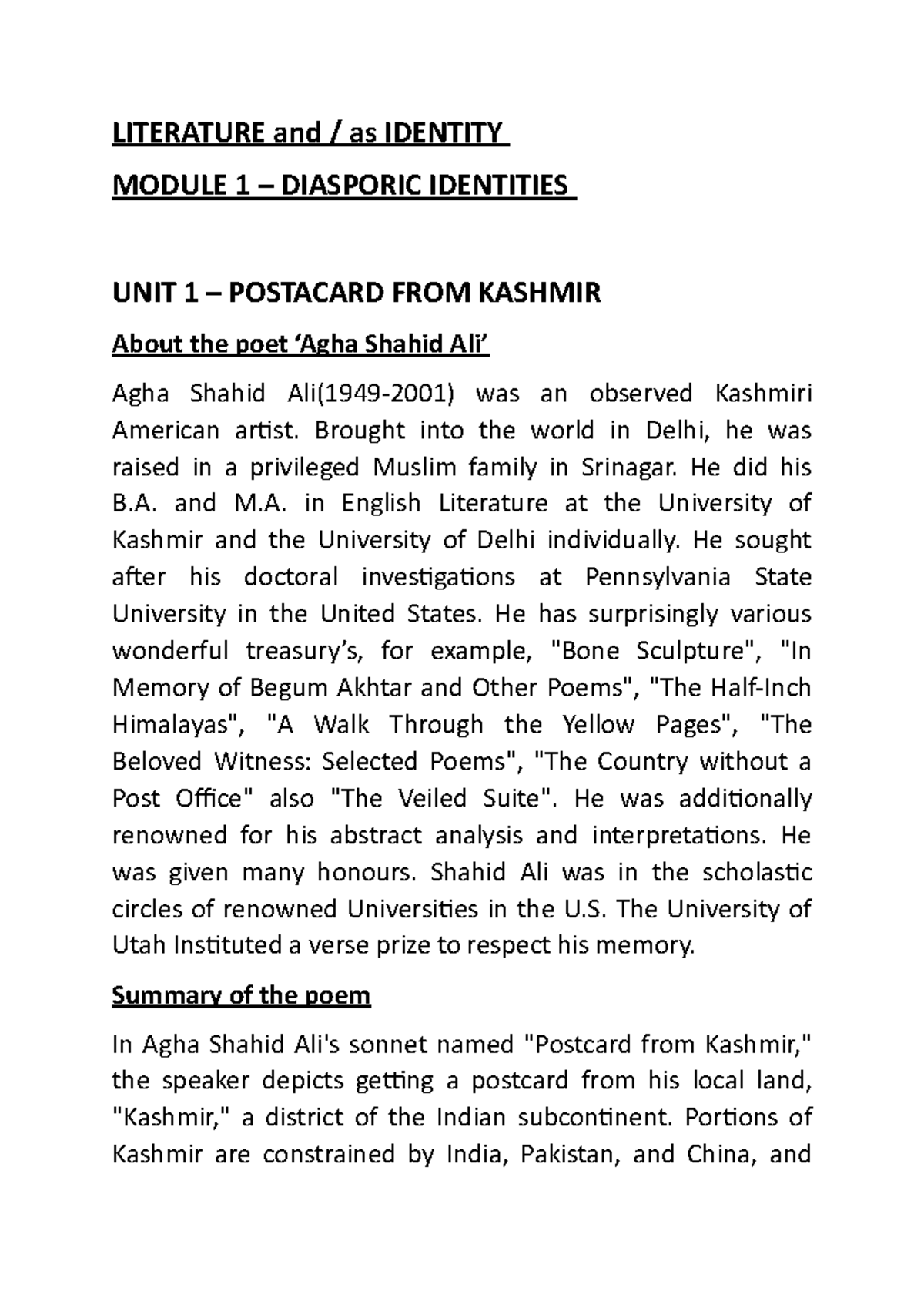 Literature and as Identity - Module 1 - Unit 1-4 Summary - English ...