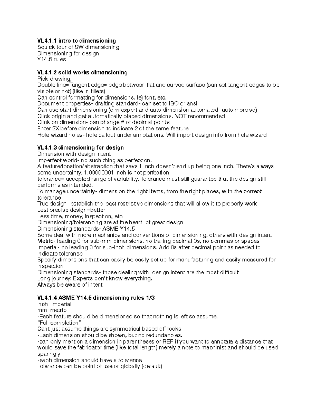 MAE module 4 notes - VL4.1 intro to dimensioning Squick tour of SW ...