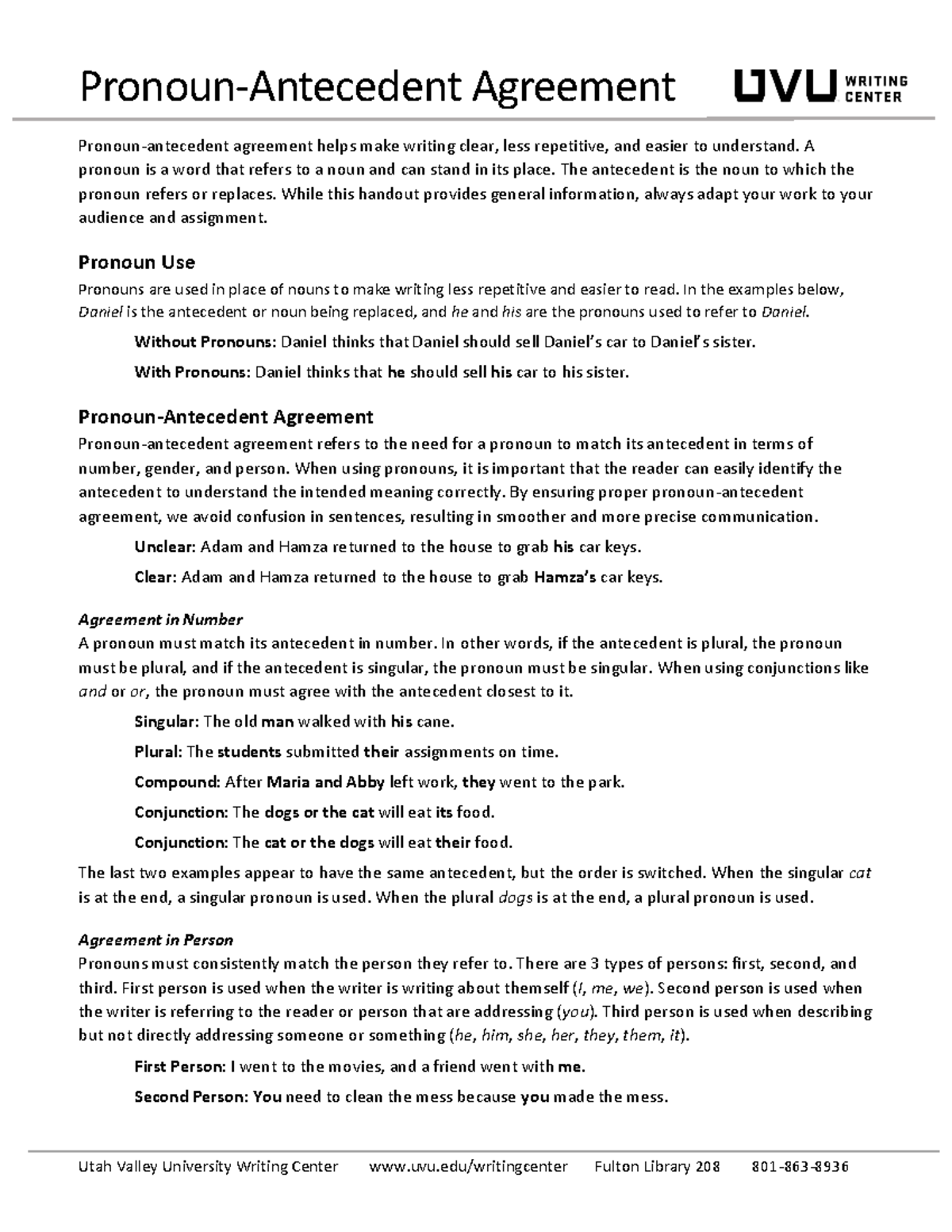 Pronoun-antecedent-agreement - Pronoun-Antecedent Agreement Utah Valley ...