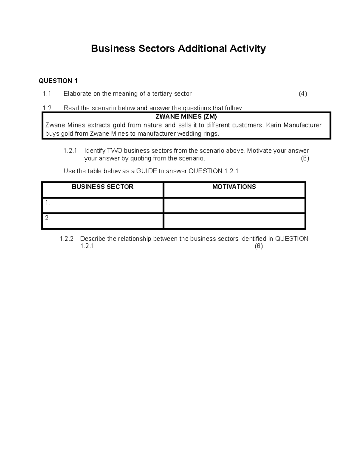 Chapter 4 activity - notes - Business Sectors Additional Activity ...