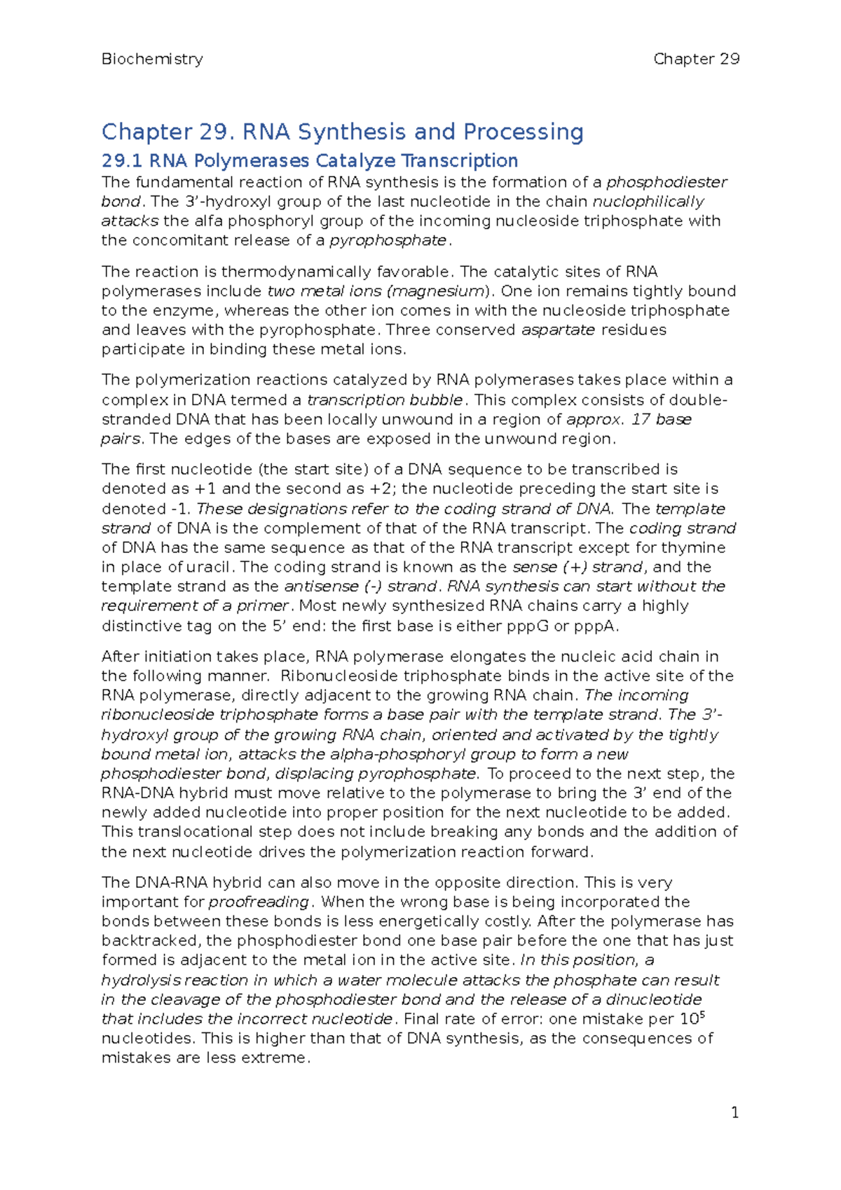 Summary chapter 29. RNA Synthesis and Processing - Chapter 29. RNA ...