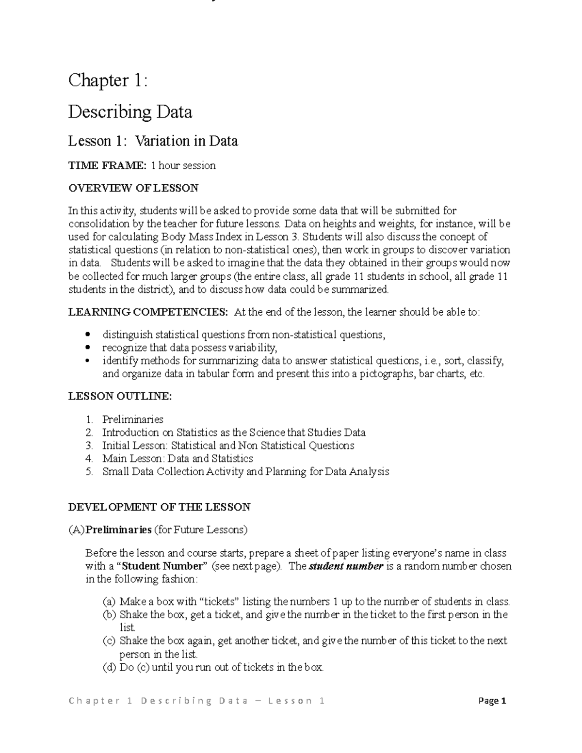 Lesson 1-01 Variation in Data - Chapter 1: Describing Data Lesson 1 ...