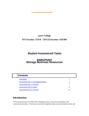 TASK 2 - Bsbops 501 Project Portfolio - Lyons College RTO Number: 21918 ...