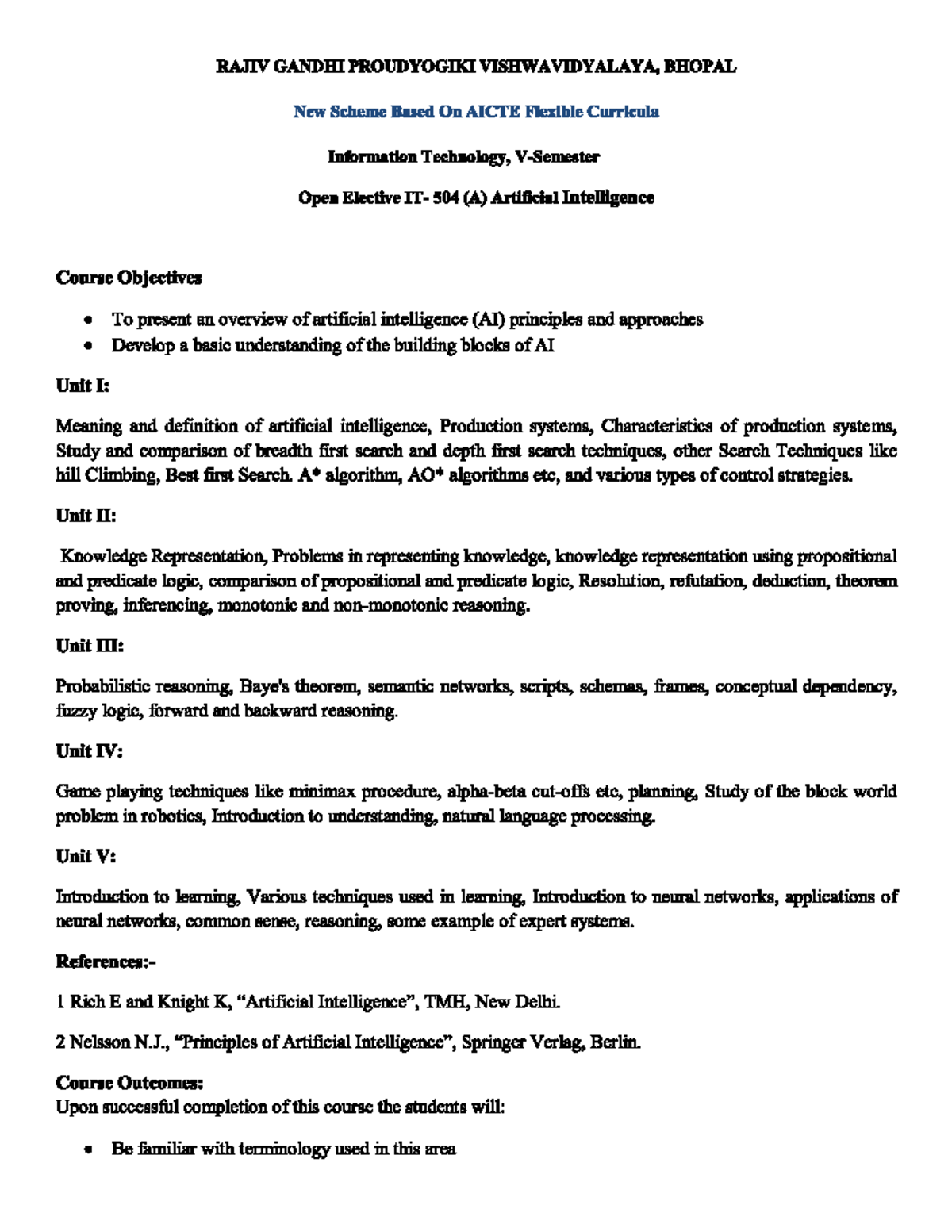 Syllabus - Artificial Intelligence - Studocu