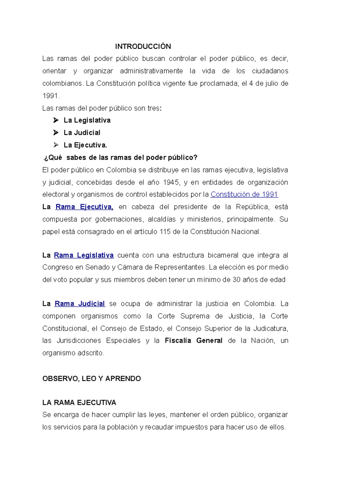 GUÍA- Historia- Democracia - INTRODUCCIÓN Las ramas del poder público ...