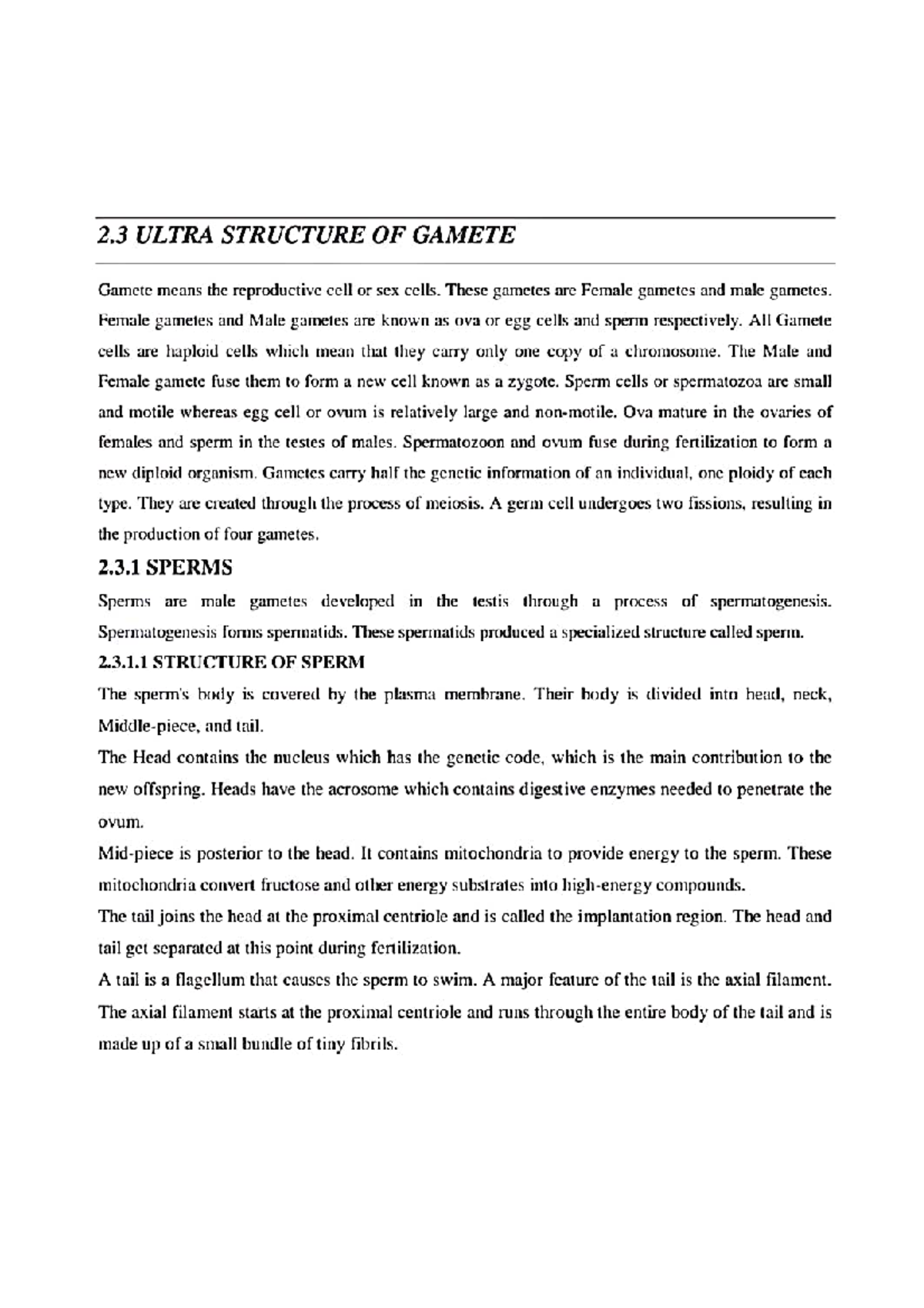 Ultra Structure OF Gamete - MSc. Zoology - Studocu
