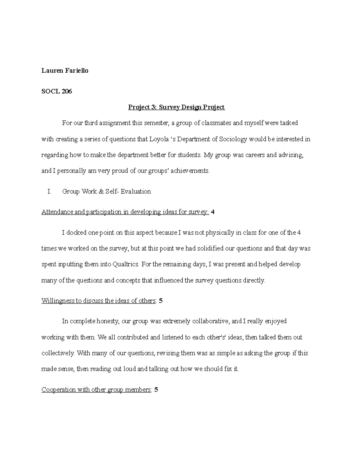Group Survey Project for 206 - Lauren Fariello SOCL 206 Project 3 ...