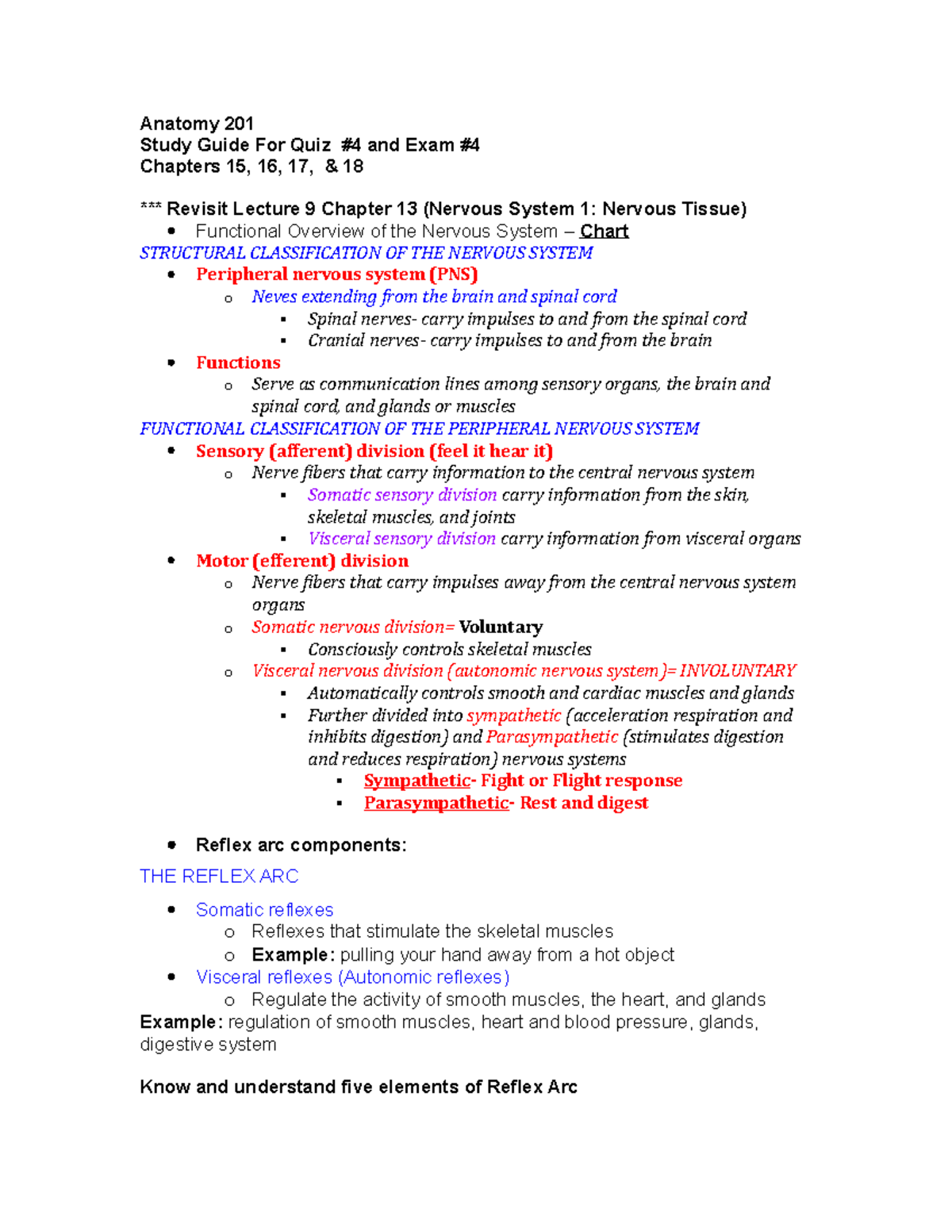 Exam 4 SG Anatomy 201 - notes - Anatomy 201 Study Guide For Quiz #4 and ...