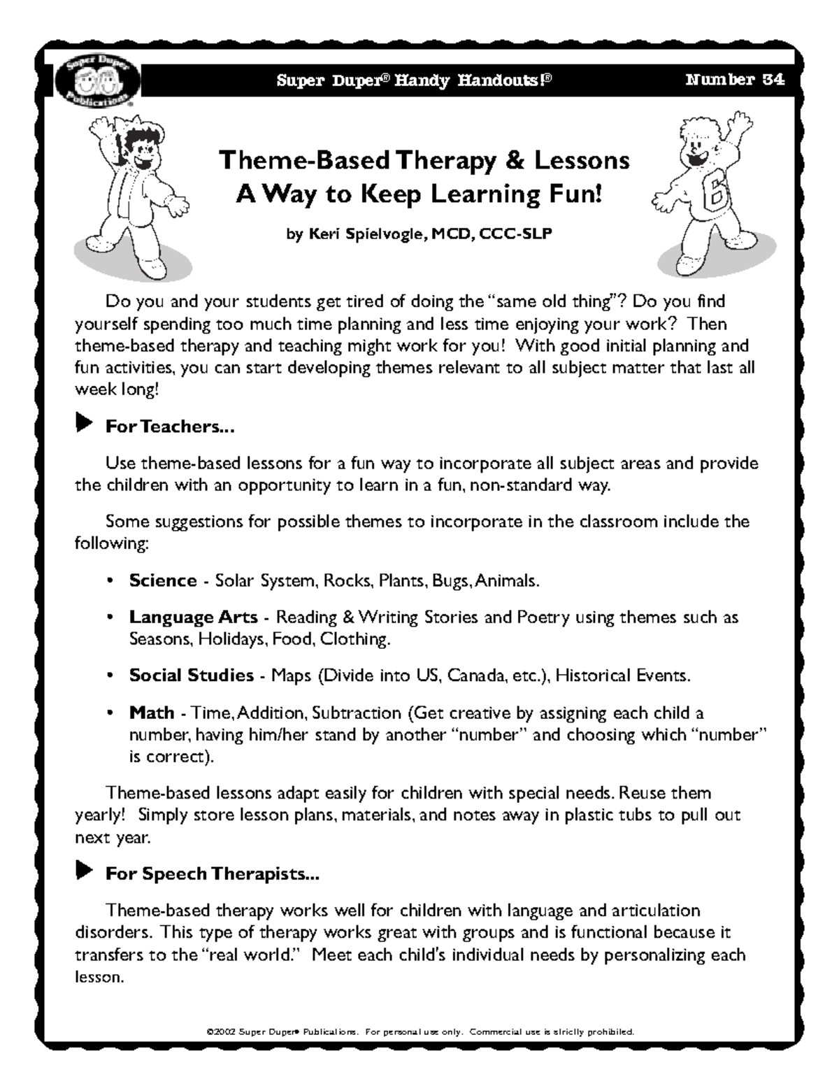 Theme Based Therapy - Super Duper® Handy Handouts!® Number 34 ©2002 ...