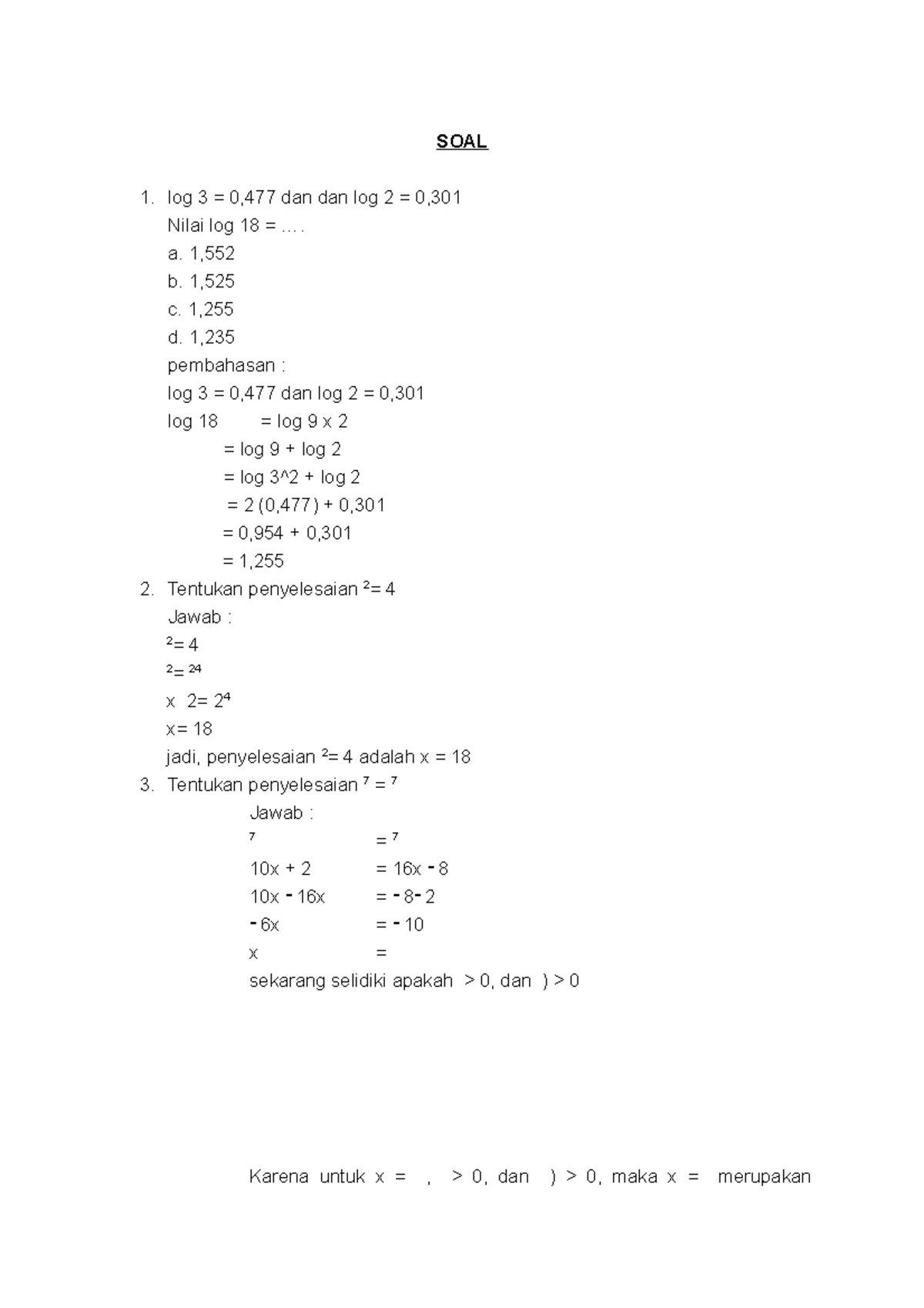Lampiran 2 soal - Soal Logaritma - SOAL log 3 = 0,477 dan dan log 2 = 0 ...