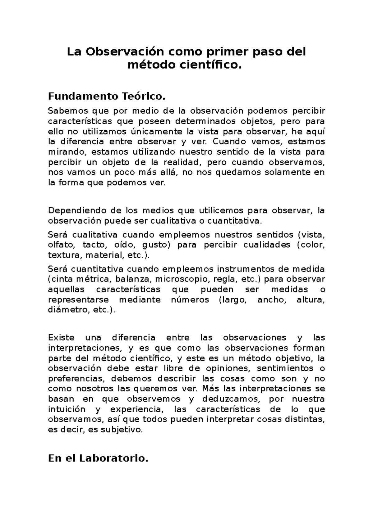 Informe Lab. Química Básica 1 - La Observación como primer paso del ...