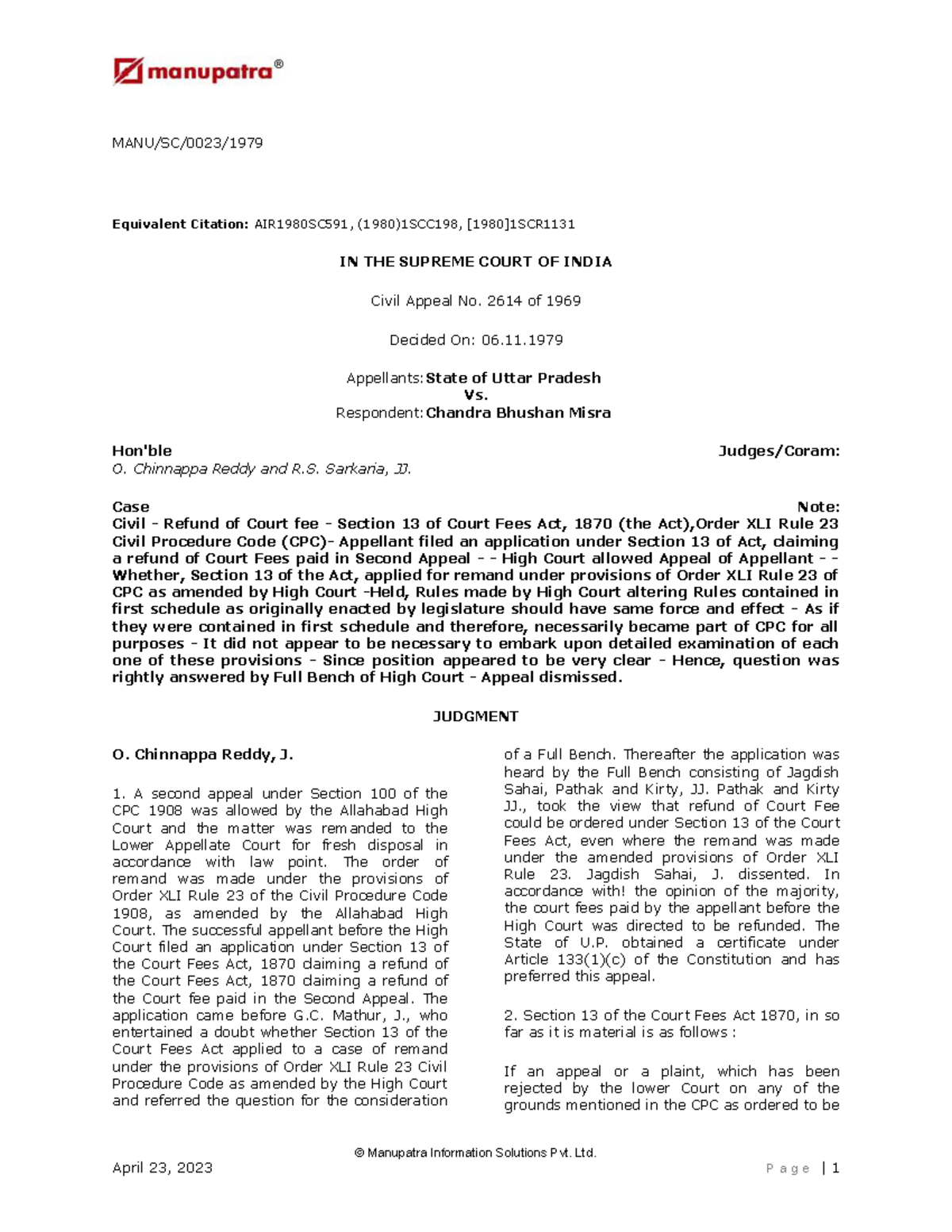 State of Uttar Pradesh vs Chandra Bhushan Misra 06111979 SC - MANU/SC ...