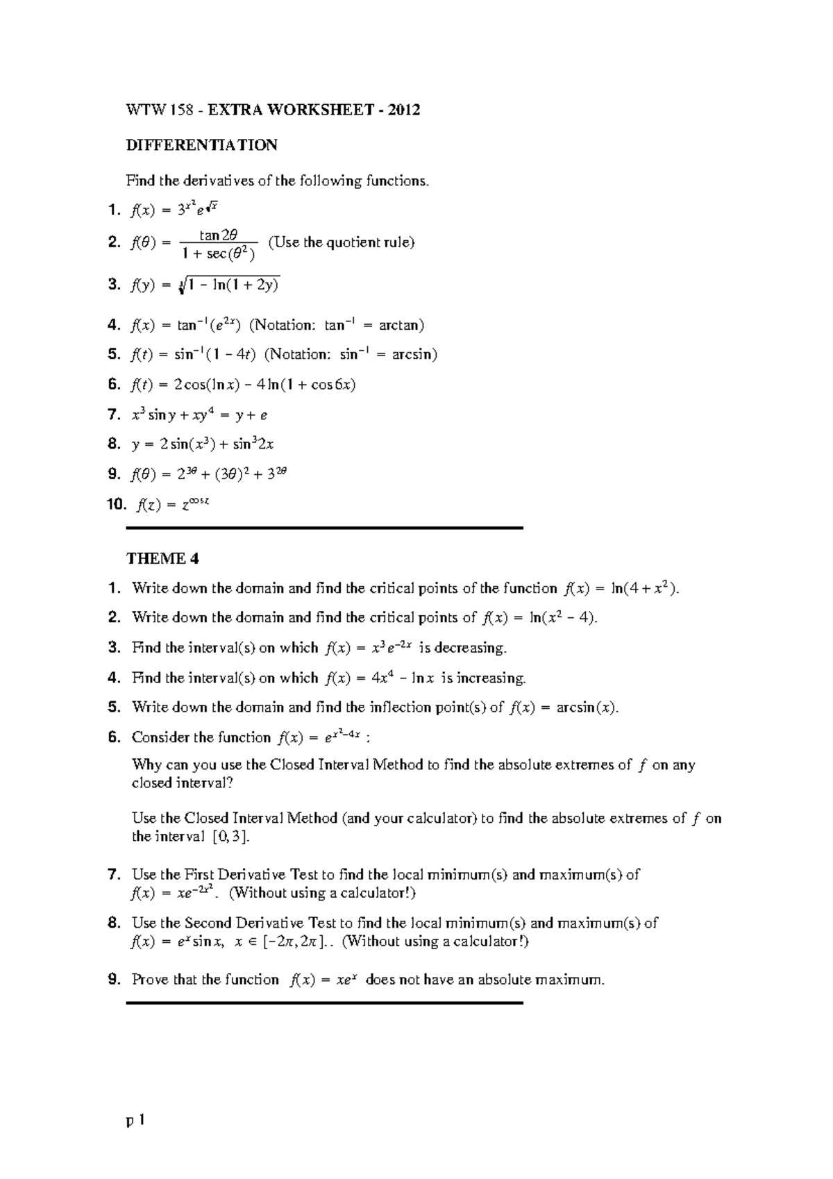 Extra worksheet 12 - WTW 158 -EXTRA WORKSHEET - 2012 DIFFERENTIATION ...