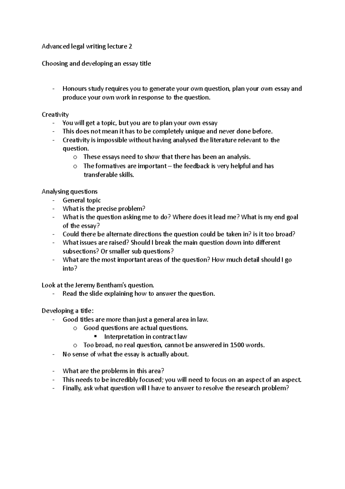 Advanced legal writing lecture 2 - Creativity - You will get a topic ...
