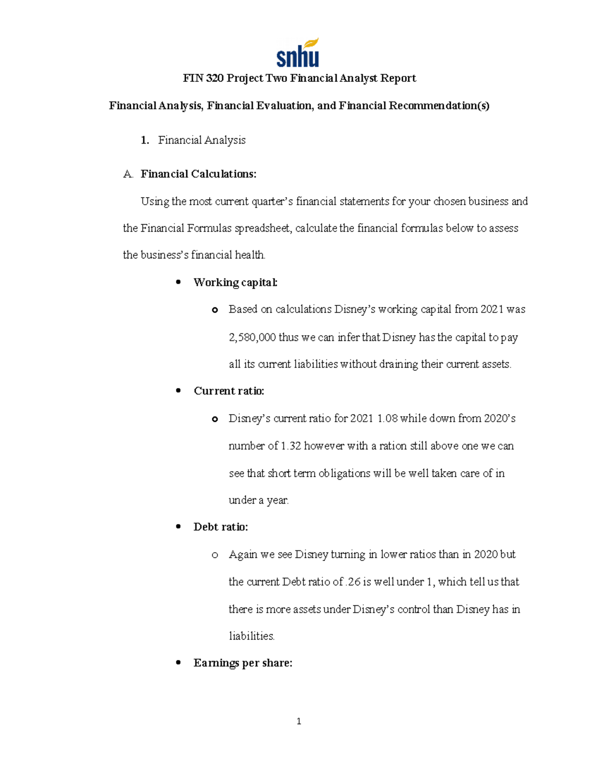 FIN 320 Project Two Financial Analyst Report - Financial Calculations ...