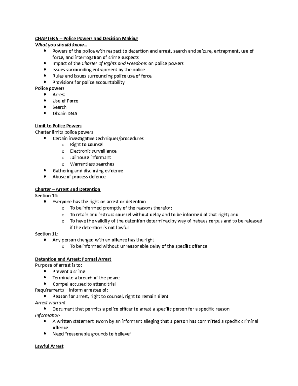 Crim Ch 5 Lexture notes - CHAPTER 5 – Police Powers and Decision Making ...