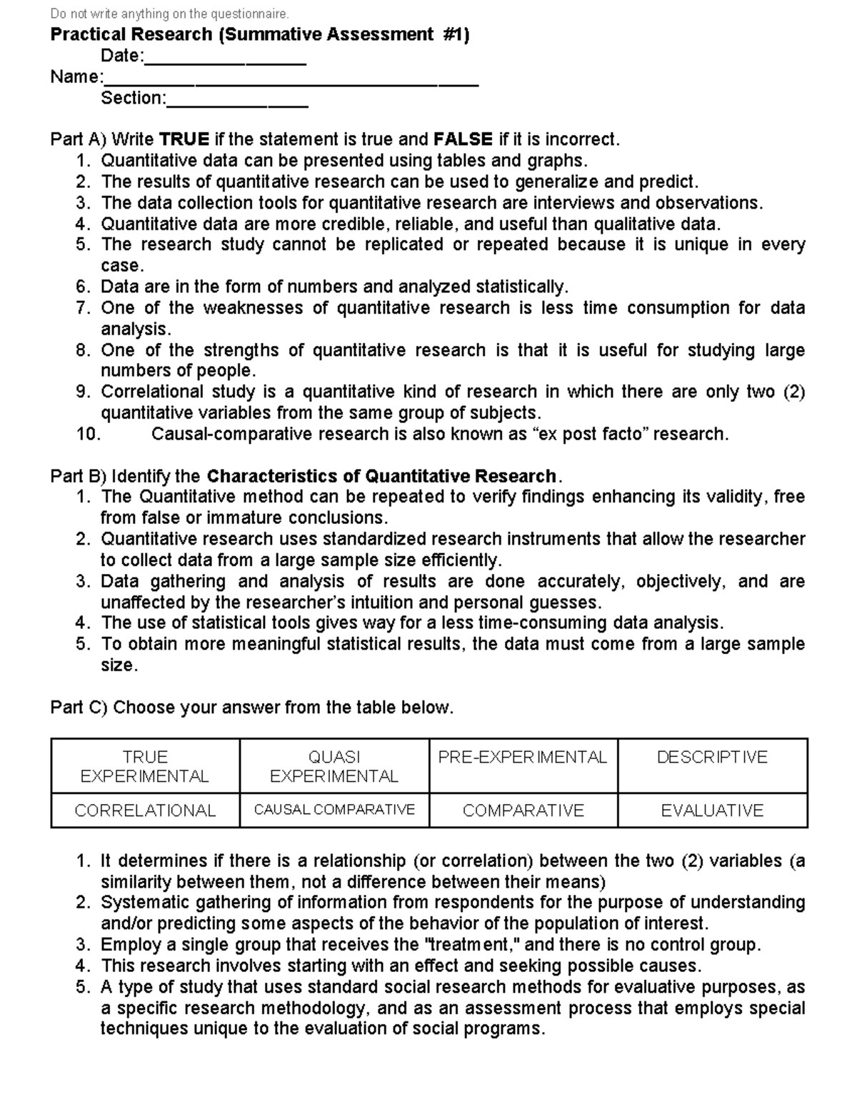 PR2 SA1 - sample test - Do not write anything on the questionnaire ...