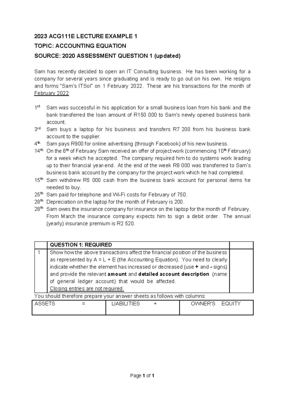 2023 Lecture Example 1 Acc Equ Page 1 Of 1 2023 Acg111e Lecture Example 1 Topic Accounting 