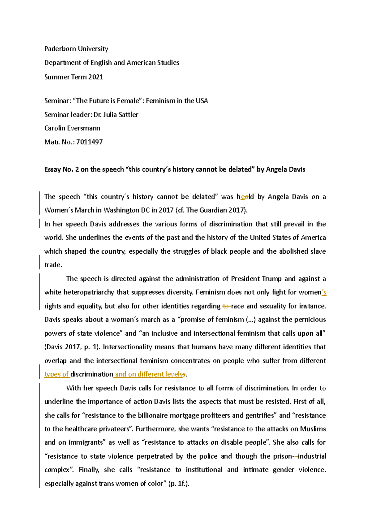 Essay on Feminism in the USA on a speech - Paderborn University ...